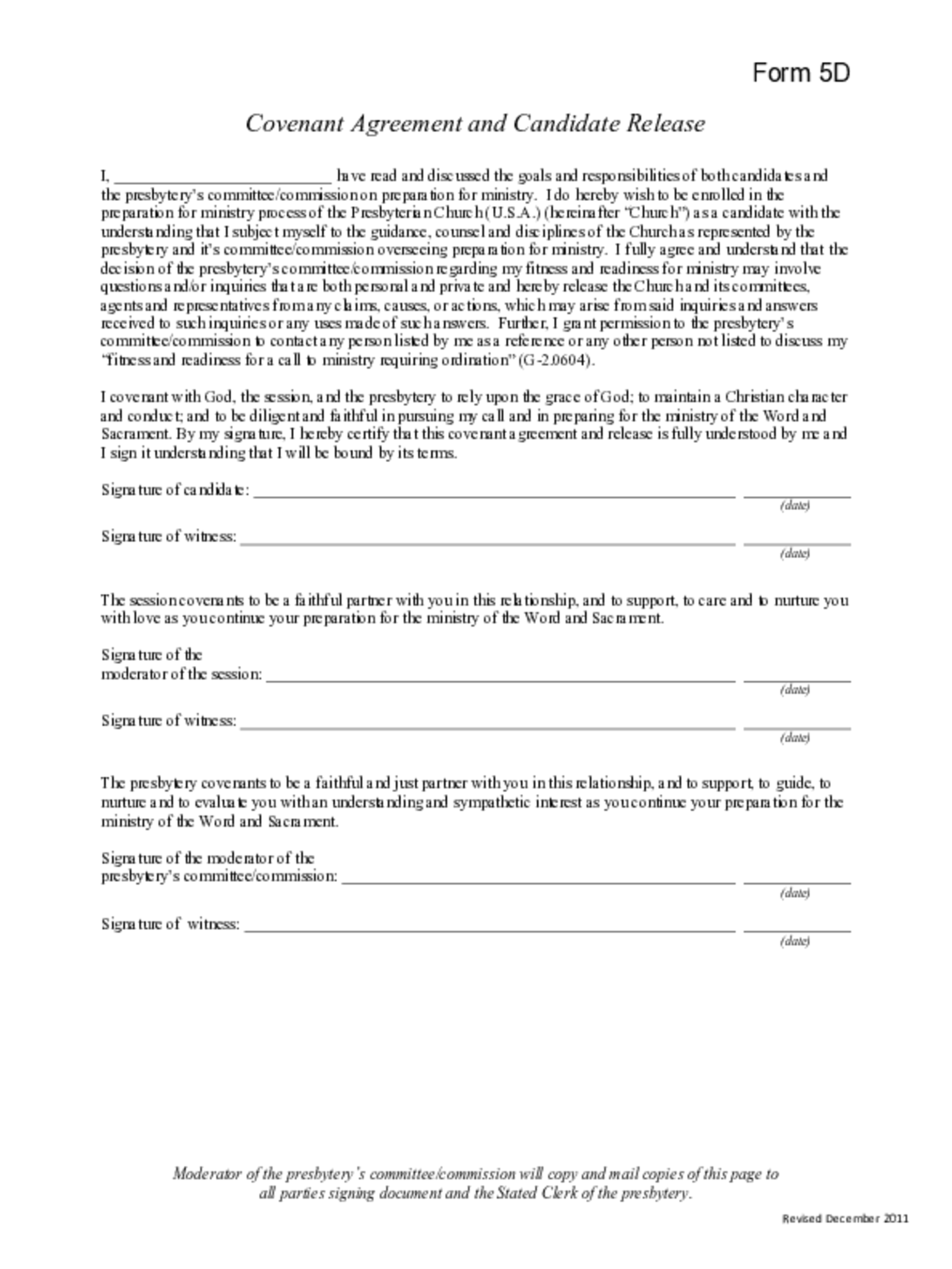 Form 5D - Covenant Agreement and Candidate Release | Presbyterian ...