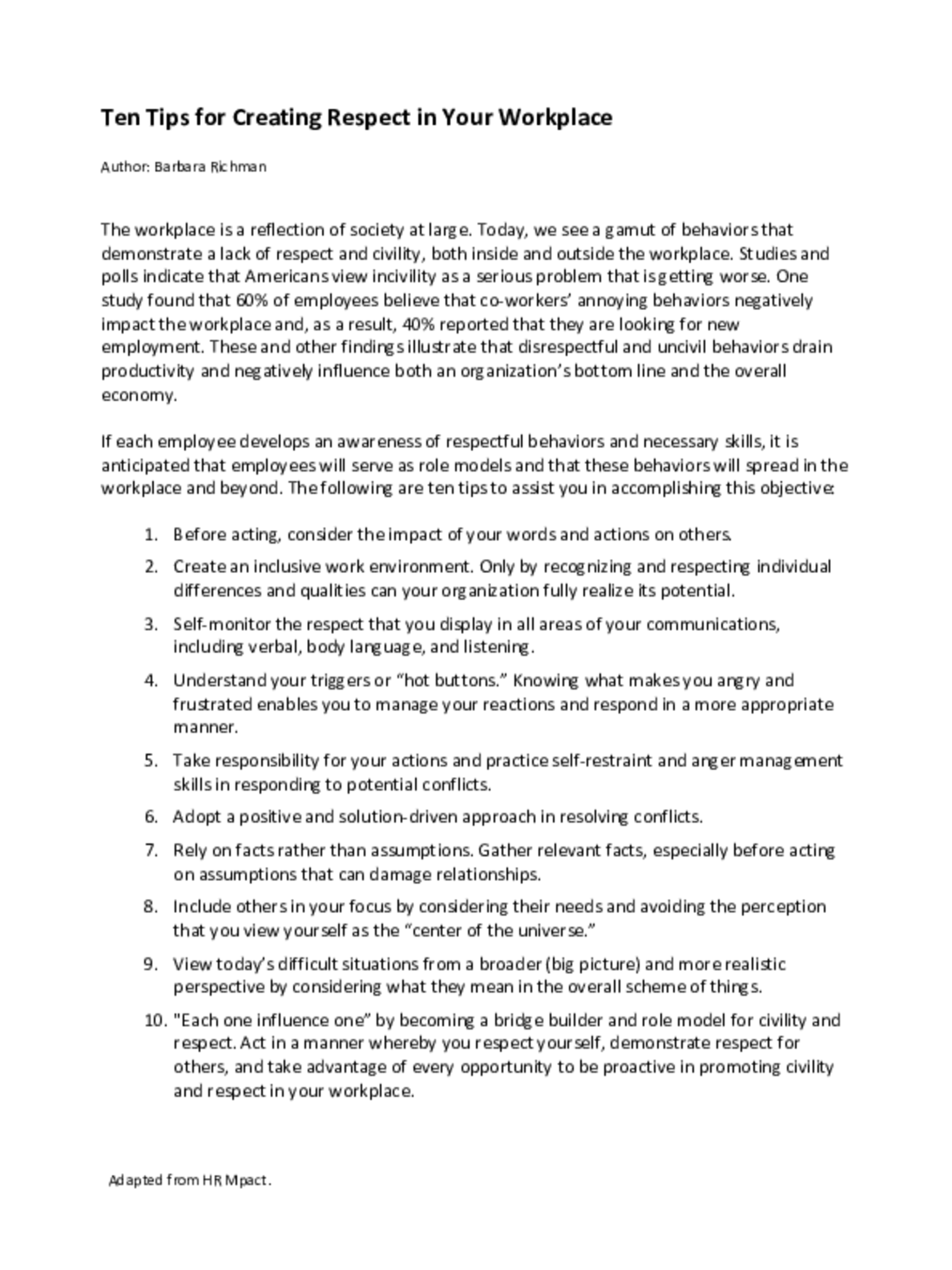 Ten Tips for Creating Respect in Your Workplace | Presbyterian Church (U.S.A.)