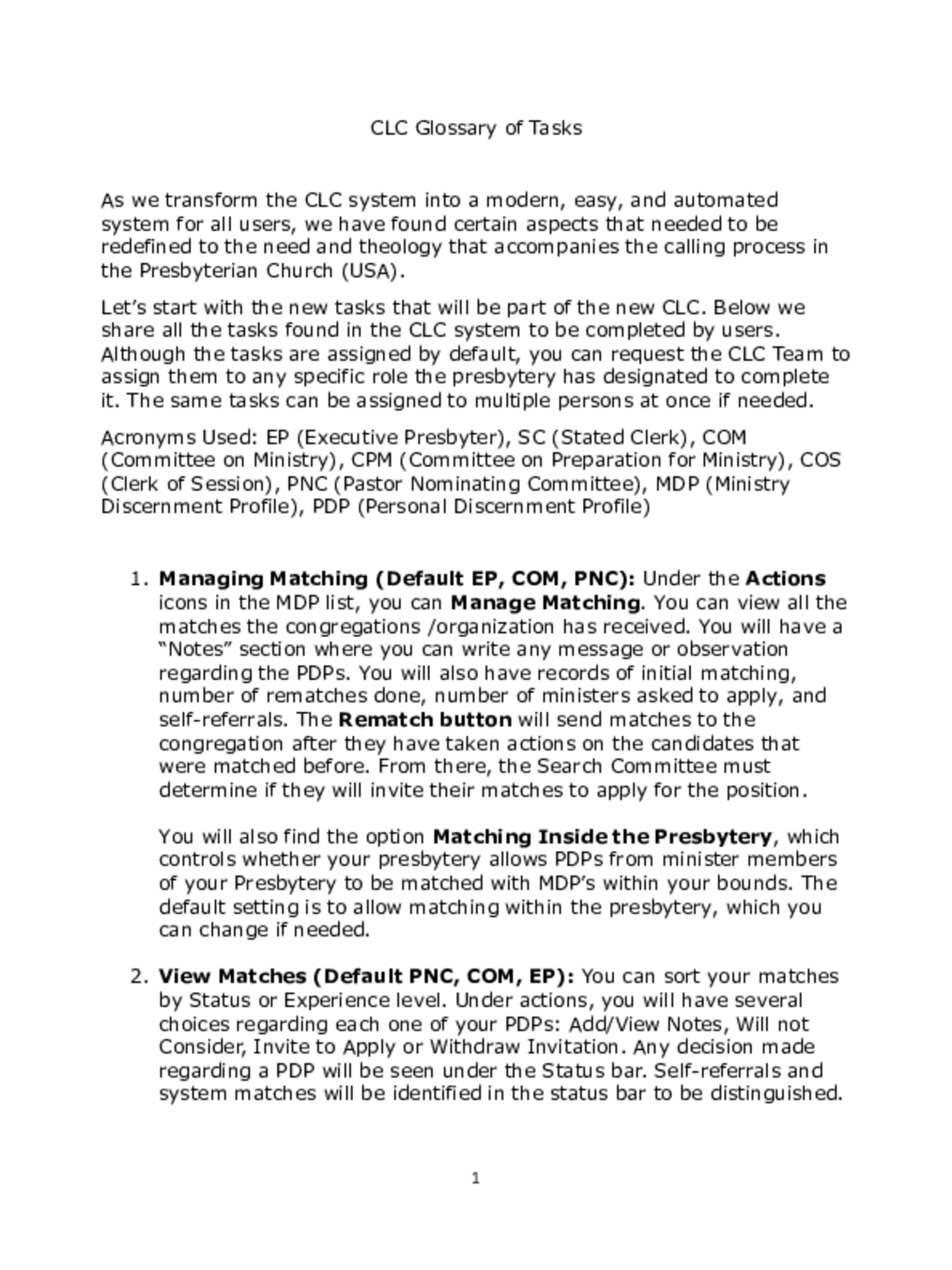 CLC - Glossary of Tasks | Presbyterian Church (U.S.A.)