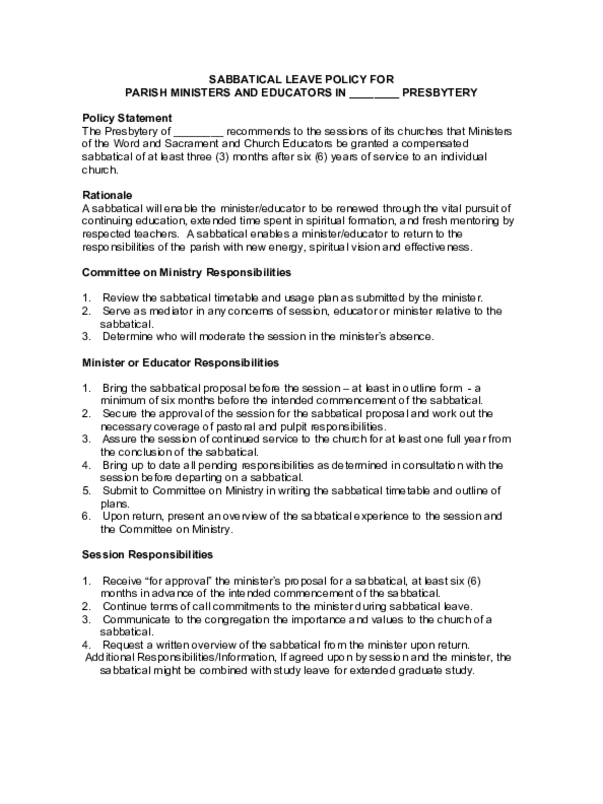 Sample Sabbatical Leave Policy for Parish Ministers and Educators ...