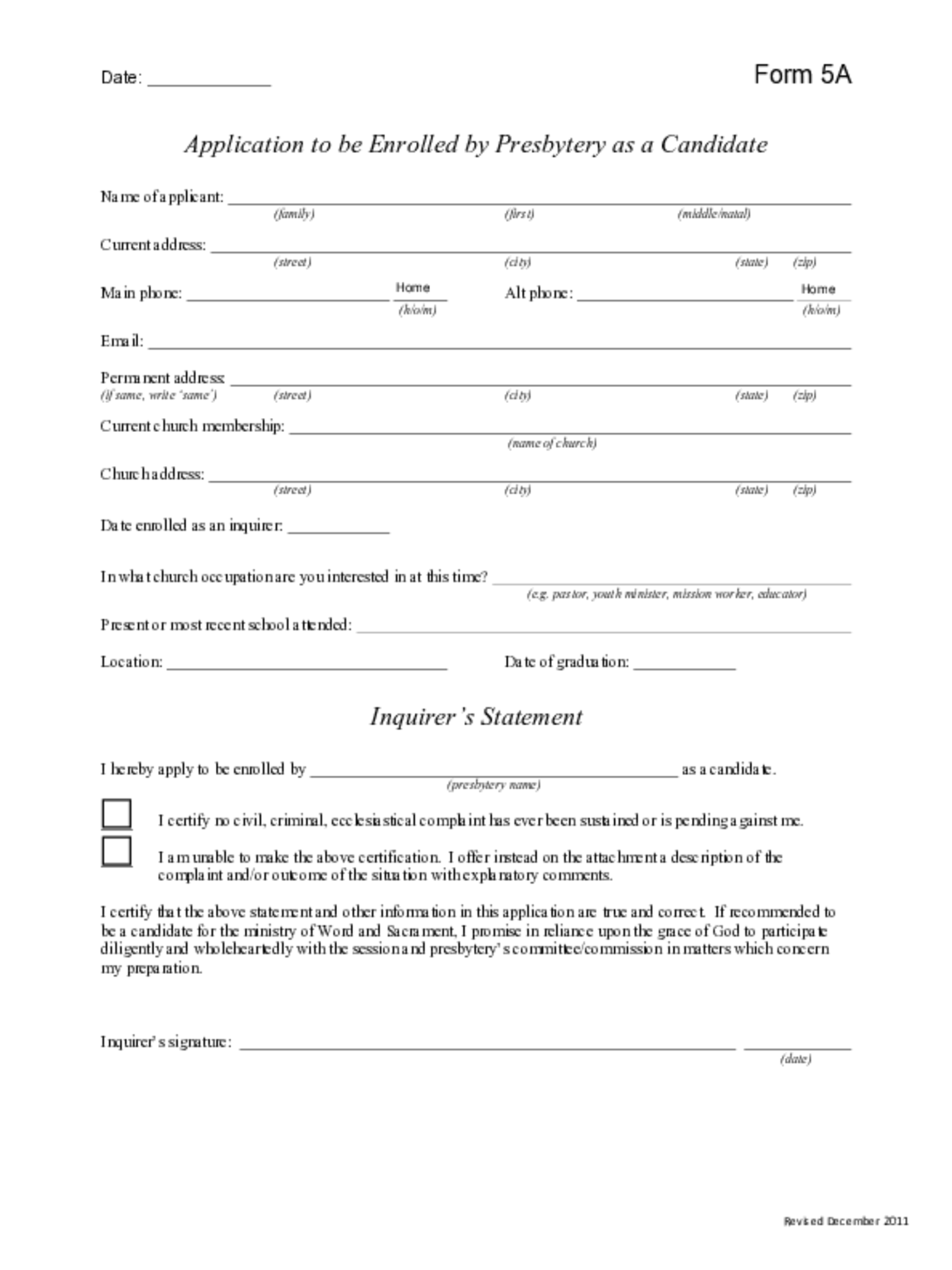 Form 5A - Application to be Enrolled by Presbytery as a Candidate ...