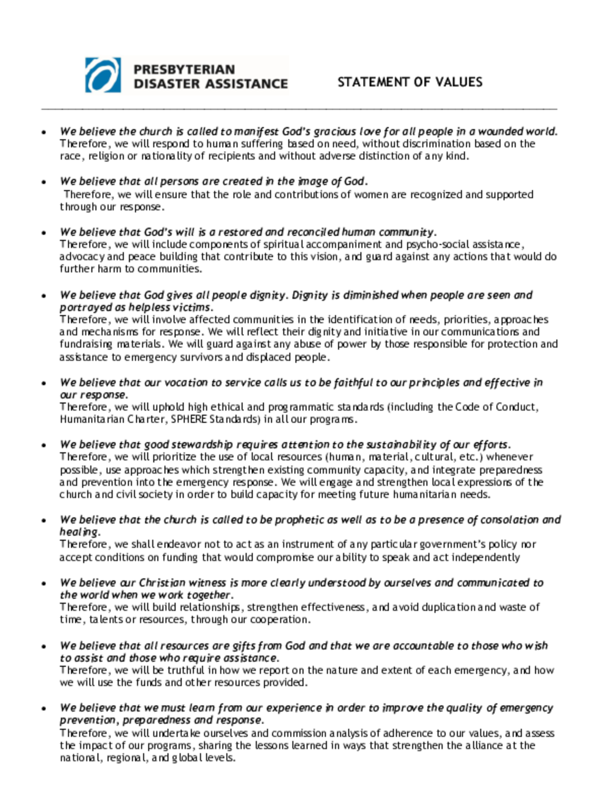 Statement of Values | Presbyterian Church (U.S.A.)