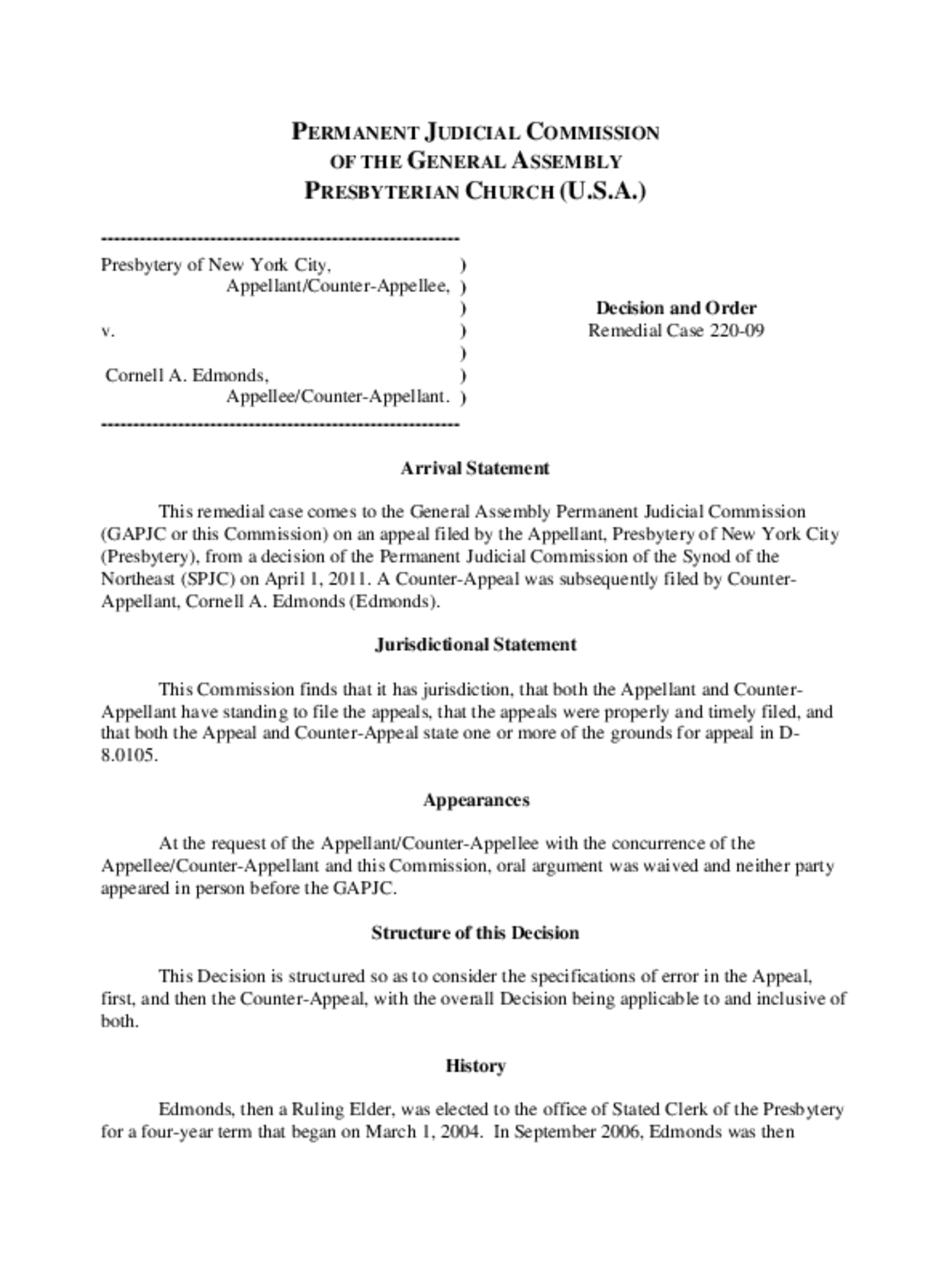220-09: The Presbytery of New York City v. Cornell A. Edmonds ...
