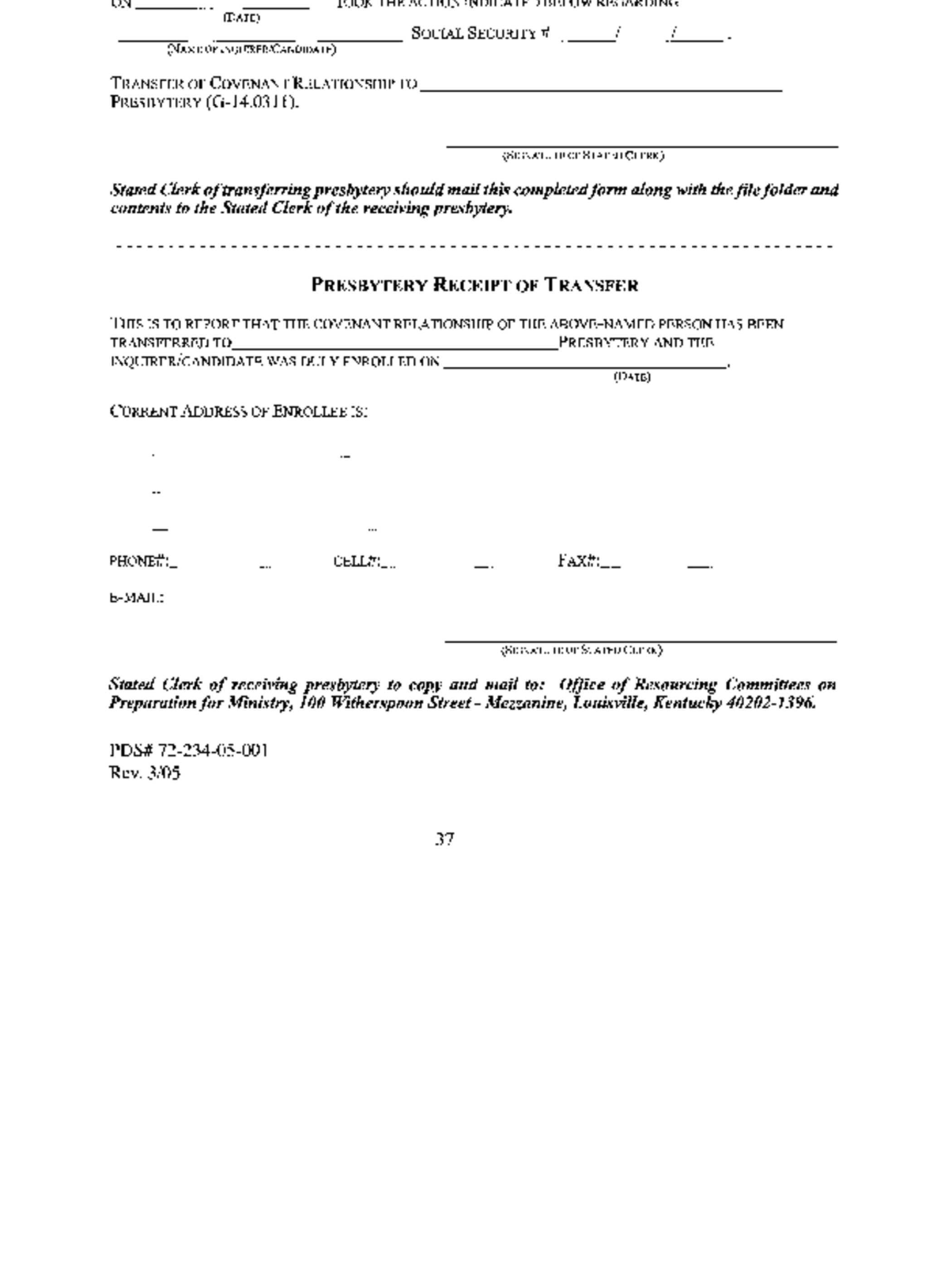 Certificate of approval of transfer | Presbyterian Church (U.S.A.)