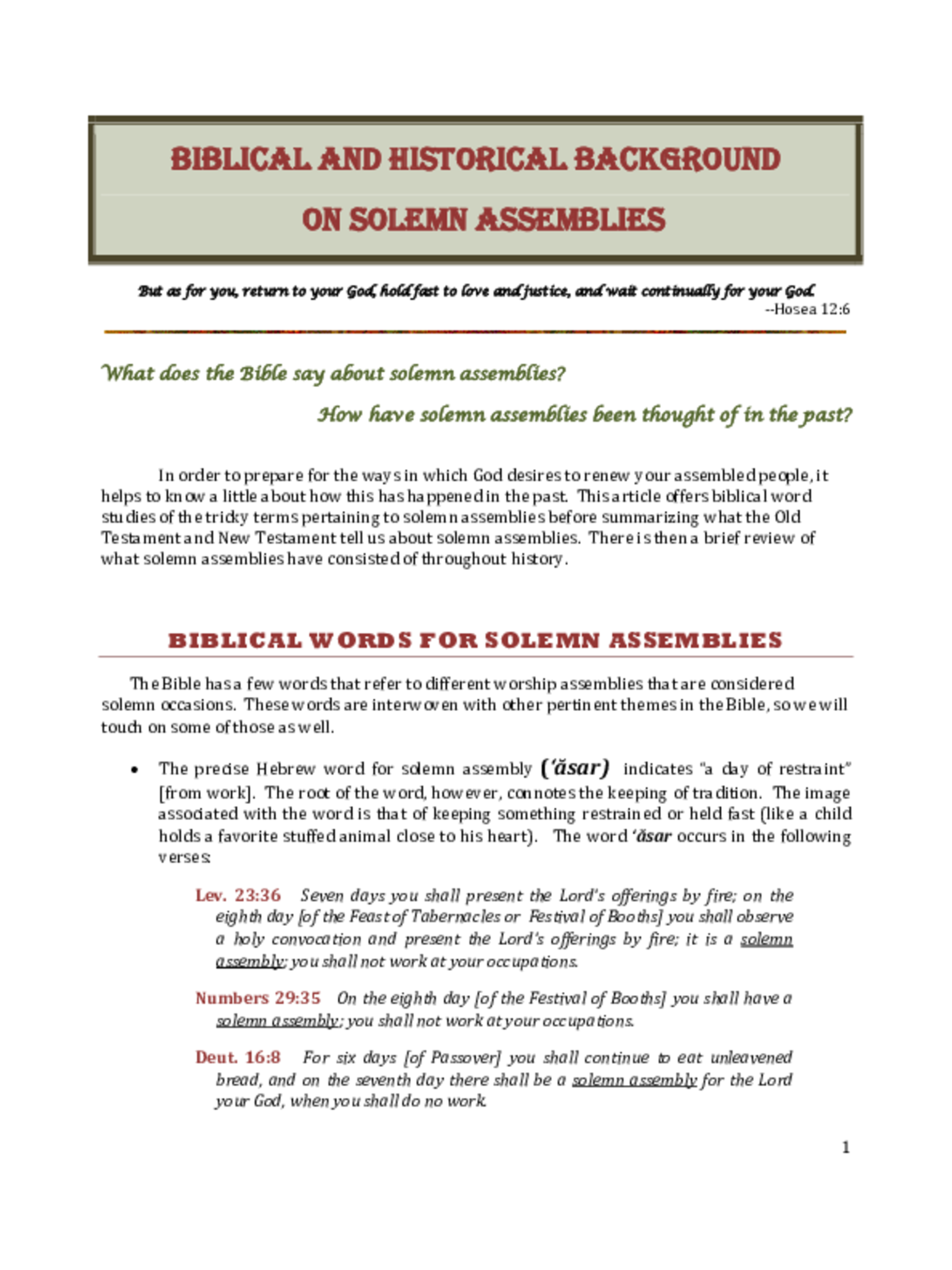 Biblical and Historical Background on Solemn Assemblies | Presbyterian ...