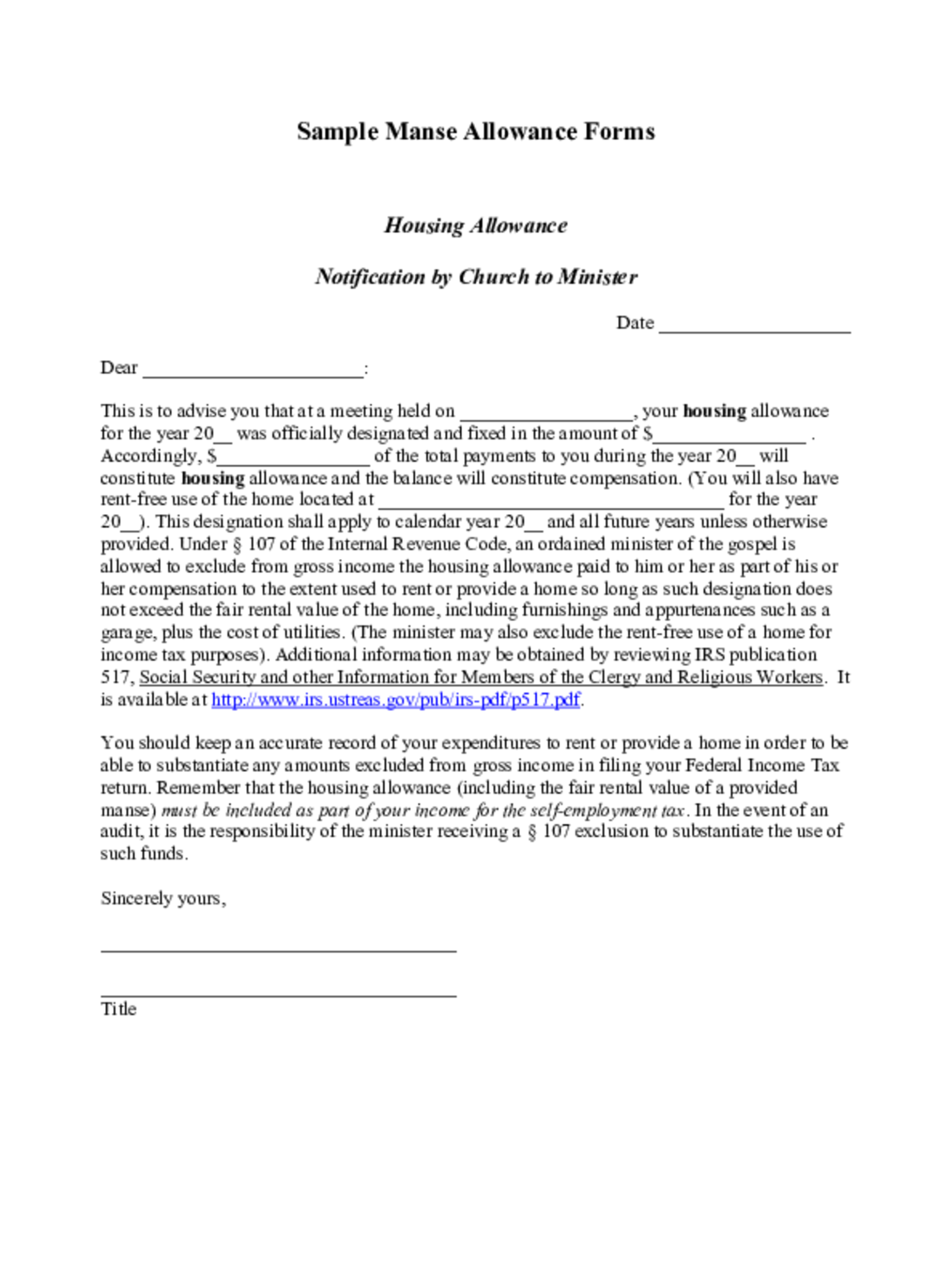 Sample Manse Allowance Form - Housing Allowance Notification by Church ...