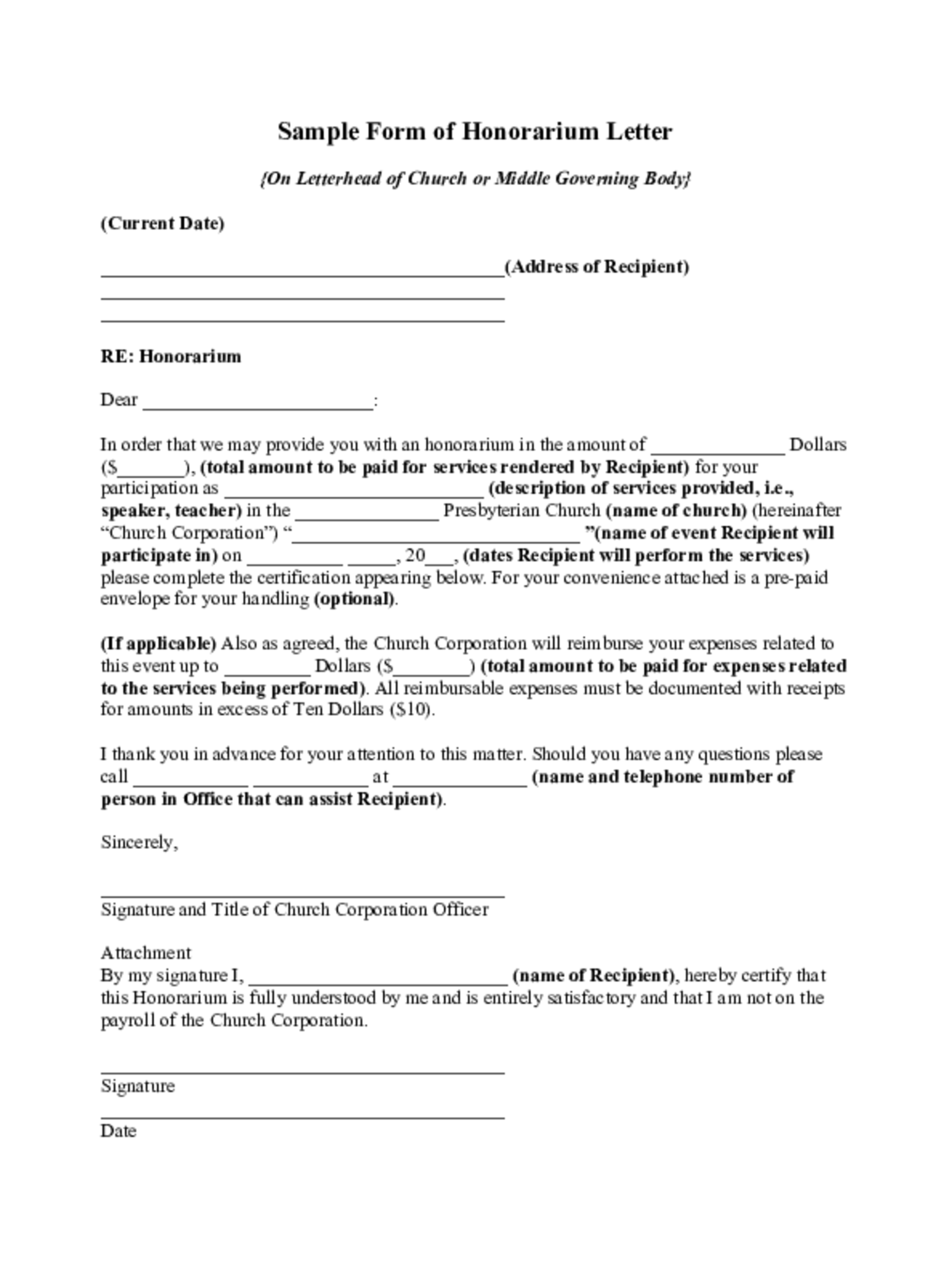 Sample Form of Honorarium Letter | Presbyterian Church (U.S.A.)