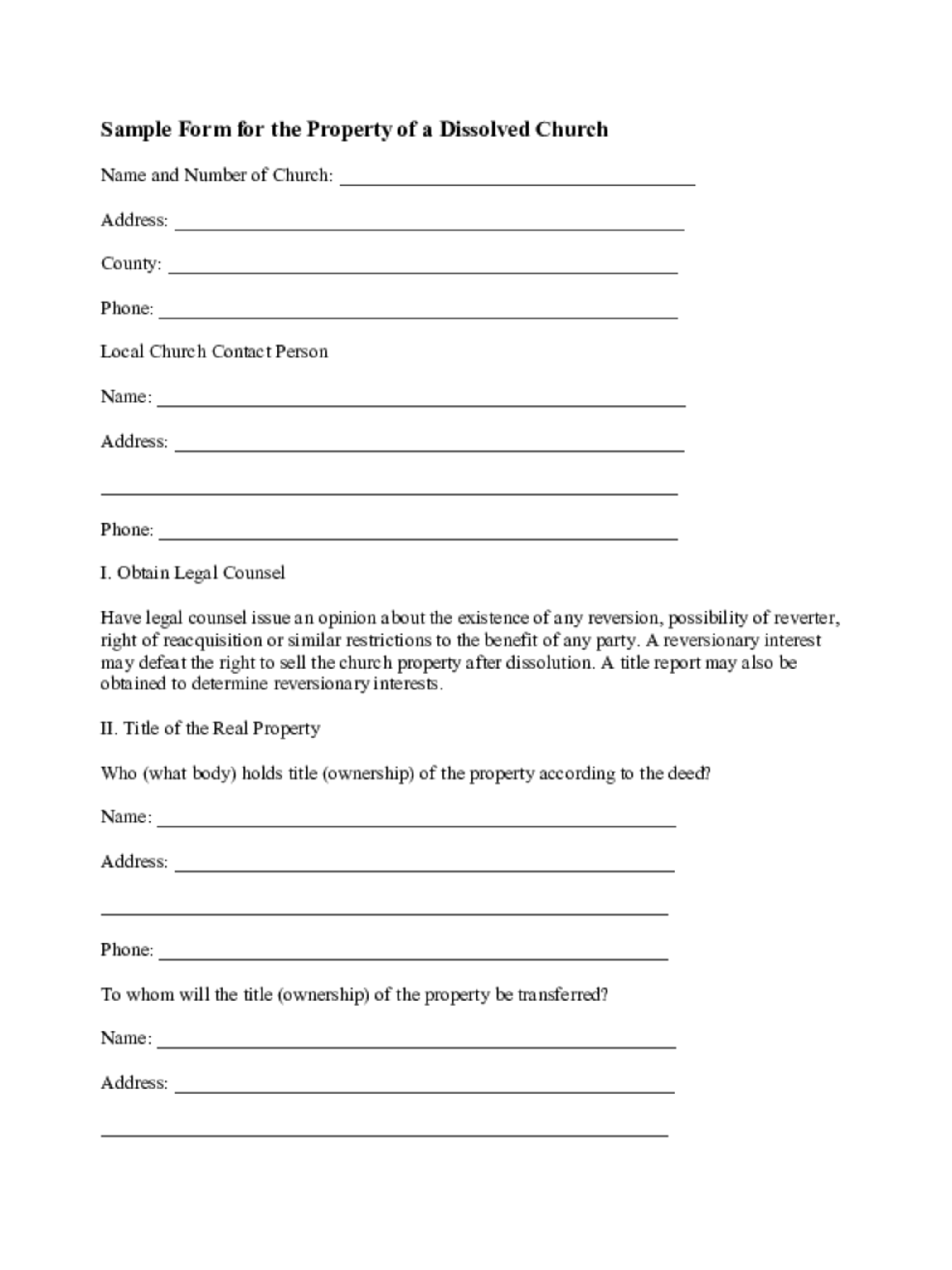 Sample Form for the Property of a Dissolved Church | Presbyterian ...