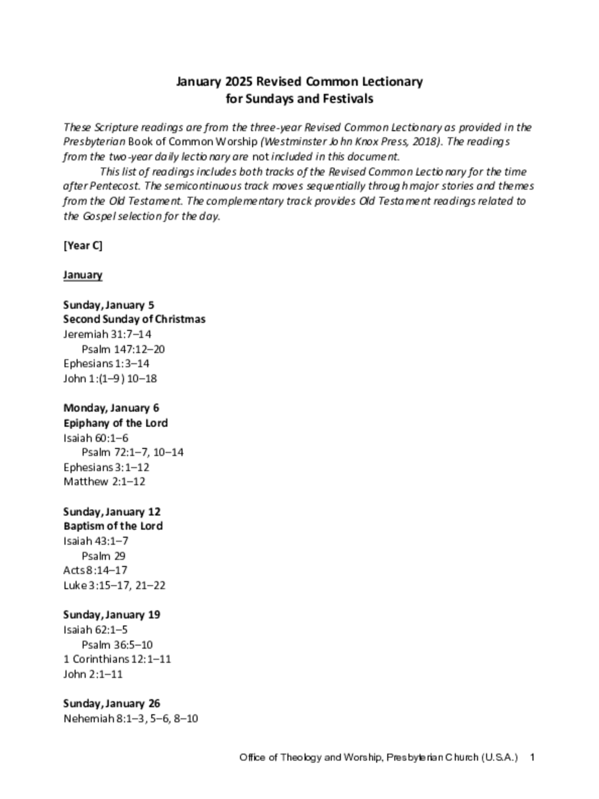 January 2025 Revised Common Lectionary for Sundays and Festivals ...