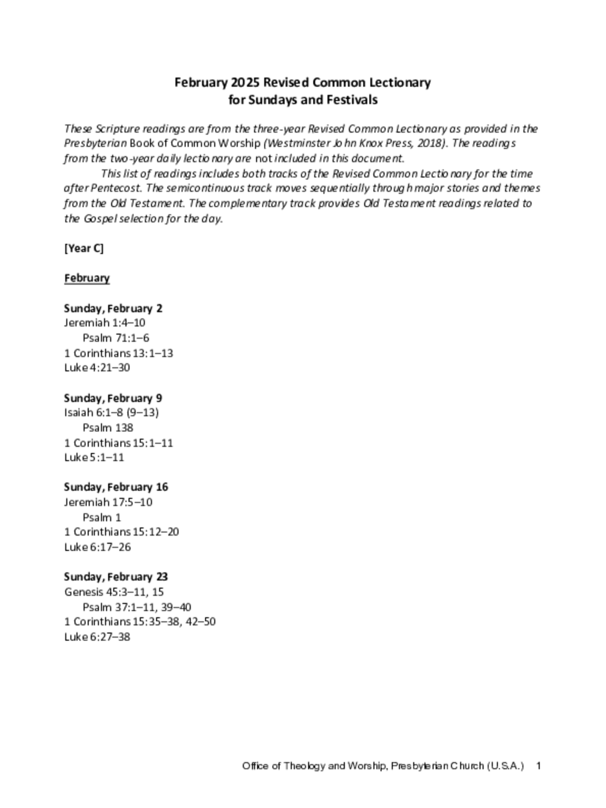 February 2025 Revised Common Lectionary for Sundays and Festivals ...