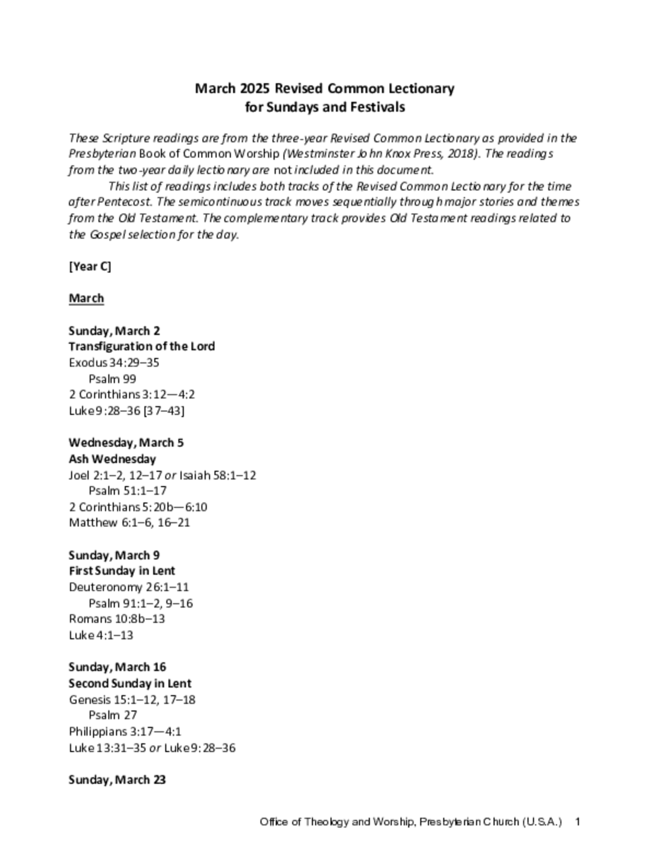March 2025 Revised Common Lectionary for Sundays and Festivals ...