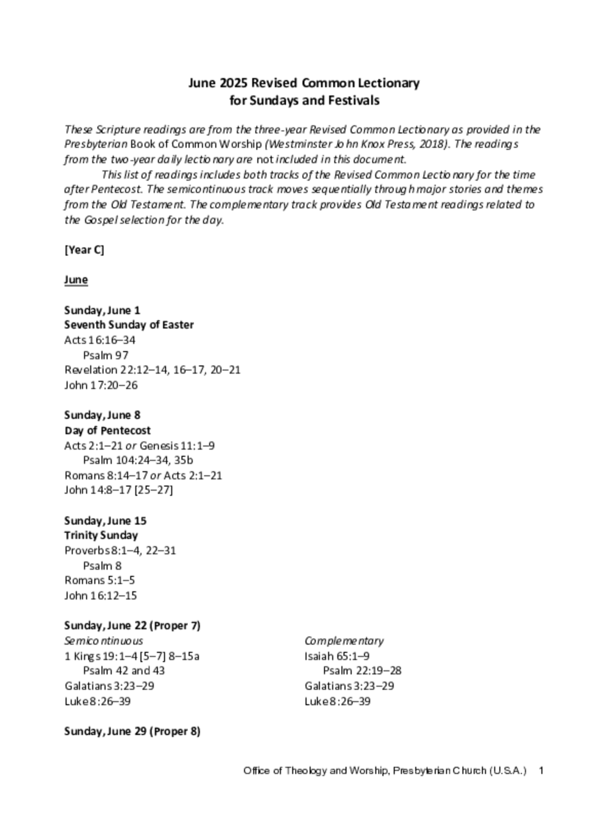 June 2025 Revised Common Lectionary for Sundays and Festivals ...