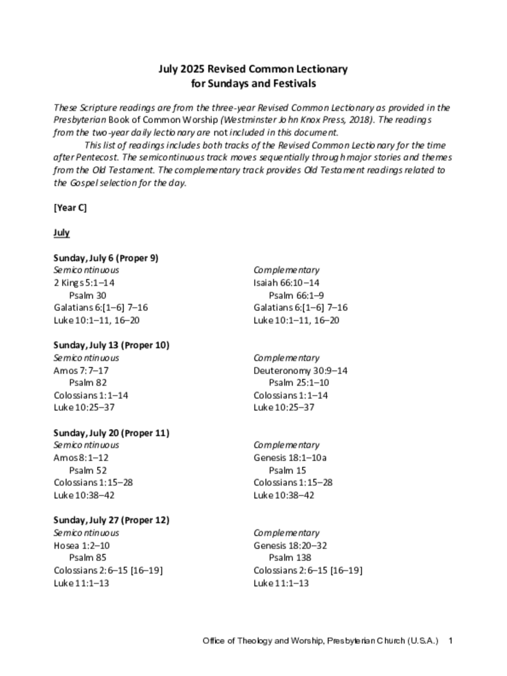 July 2025 Revised Common Lectionary for Sundays and Festivals ...