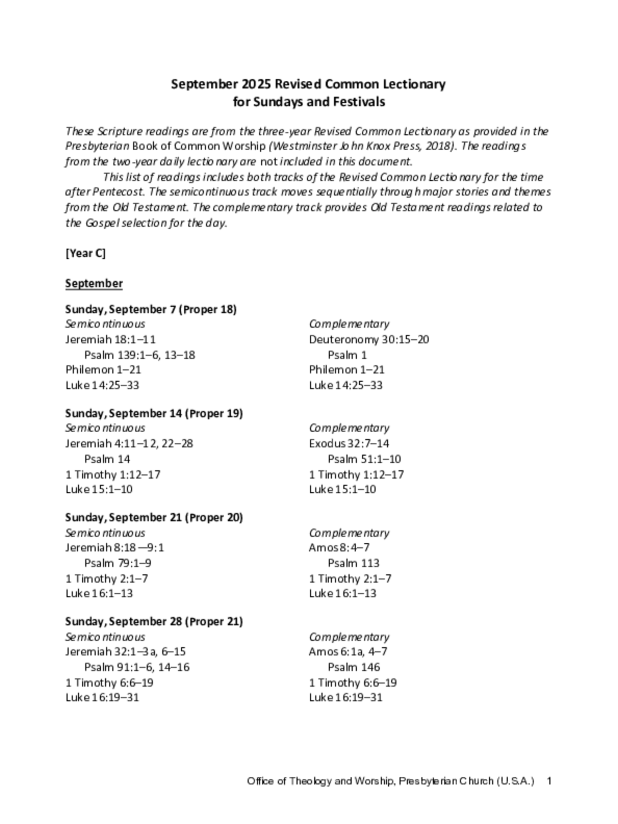 September 2025 Revised Common Lectionary for Sundays and Festivals ...