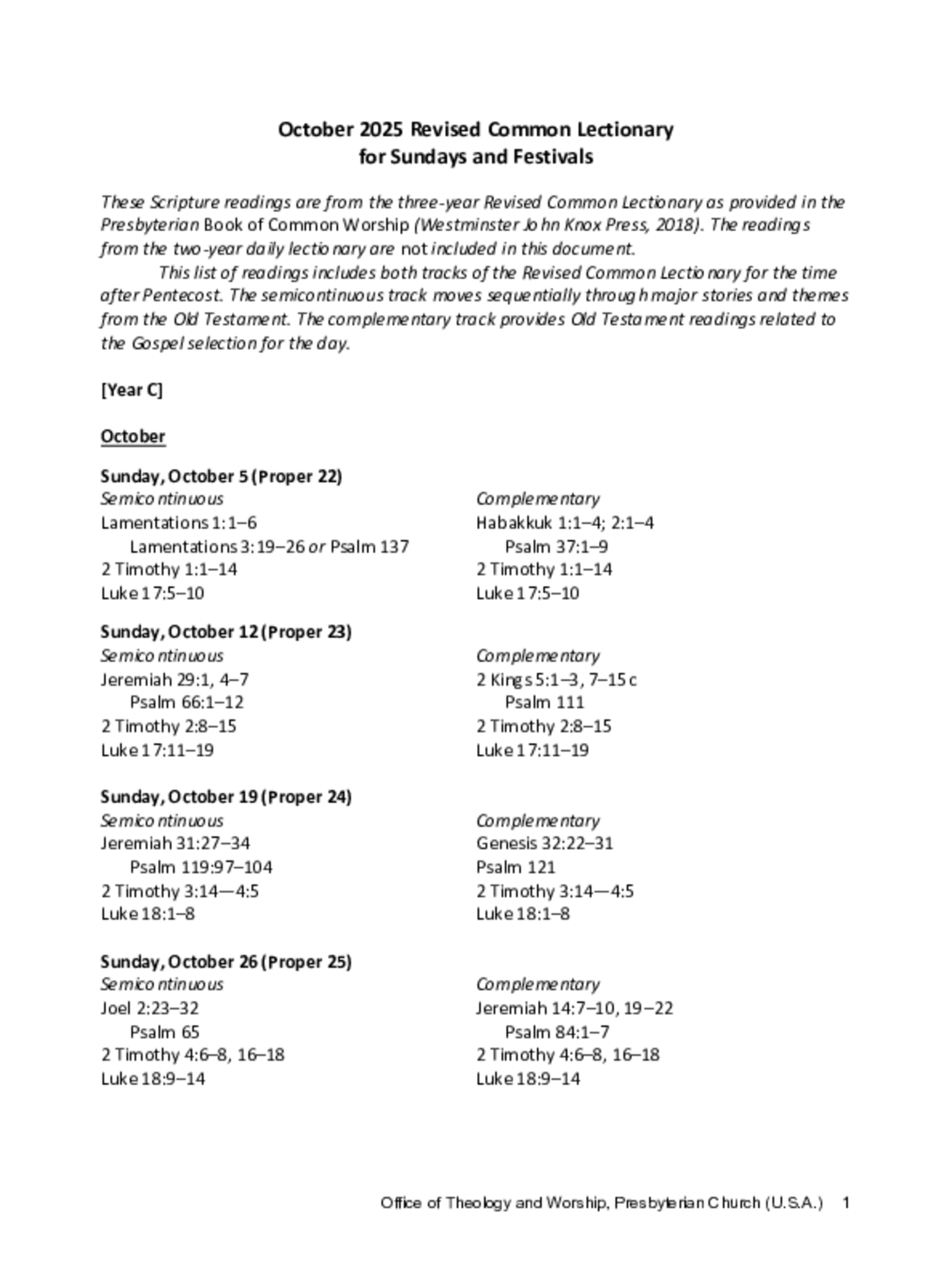 October 2025 Revised Common Lectionary for Sundays and Festivals ...