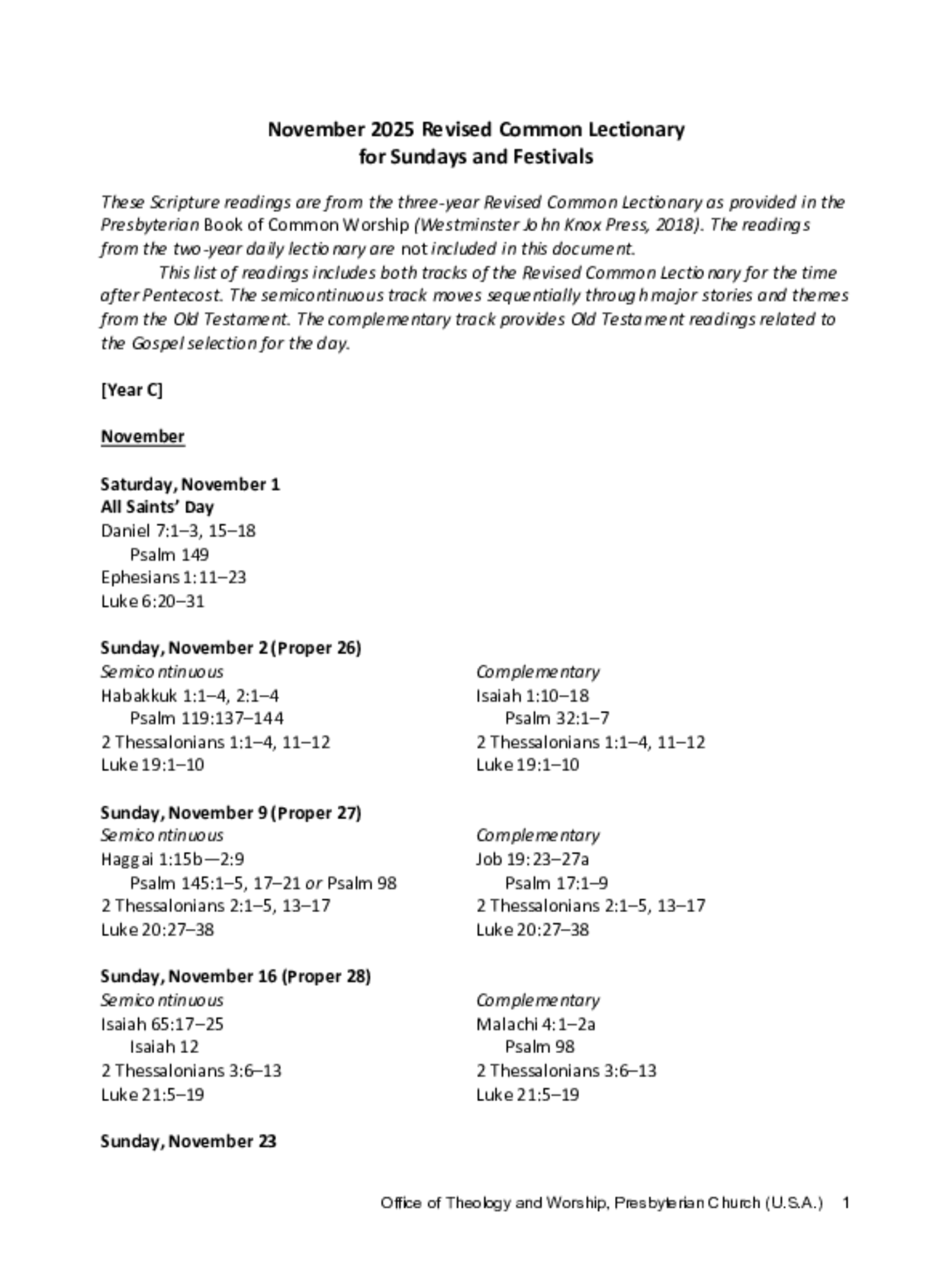 November 2025 Revised Common Lectionary for Sundays and Festivals ...
