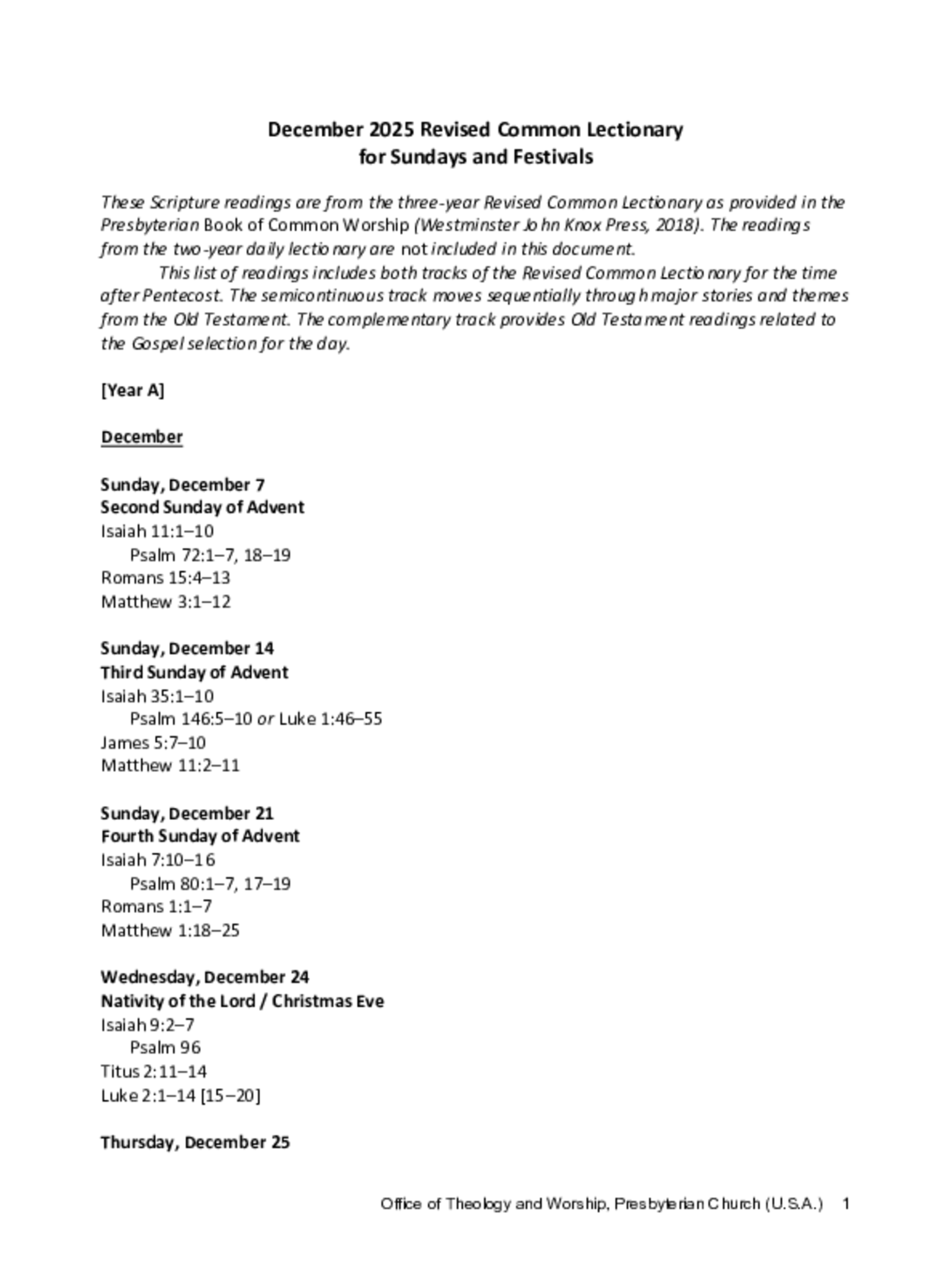 December 2025 Revised Common Lectionary for Sundays and Festivals ...