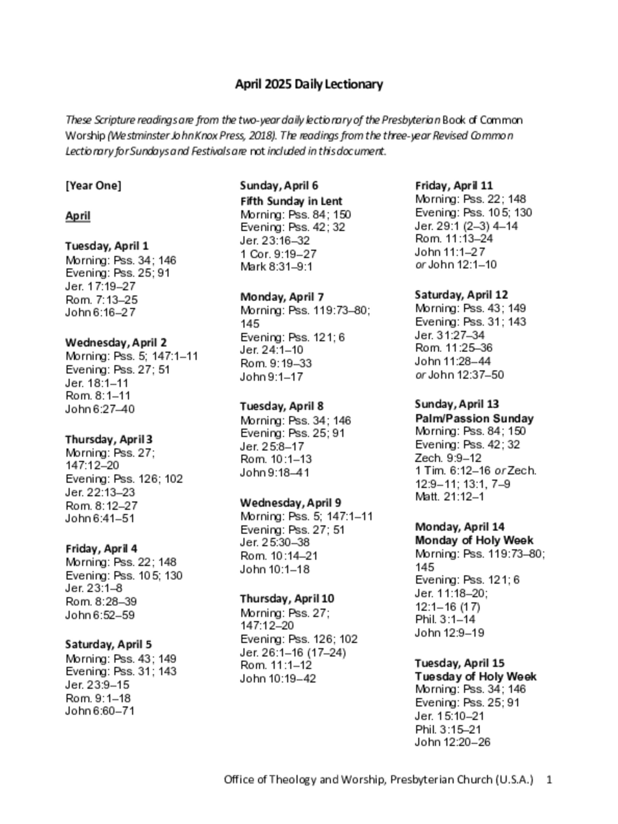 April 2025 Daily Lectionary | Presbyterian Church (U.S.A.)