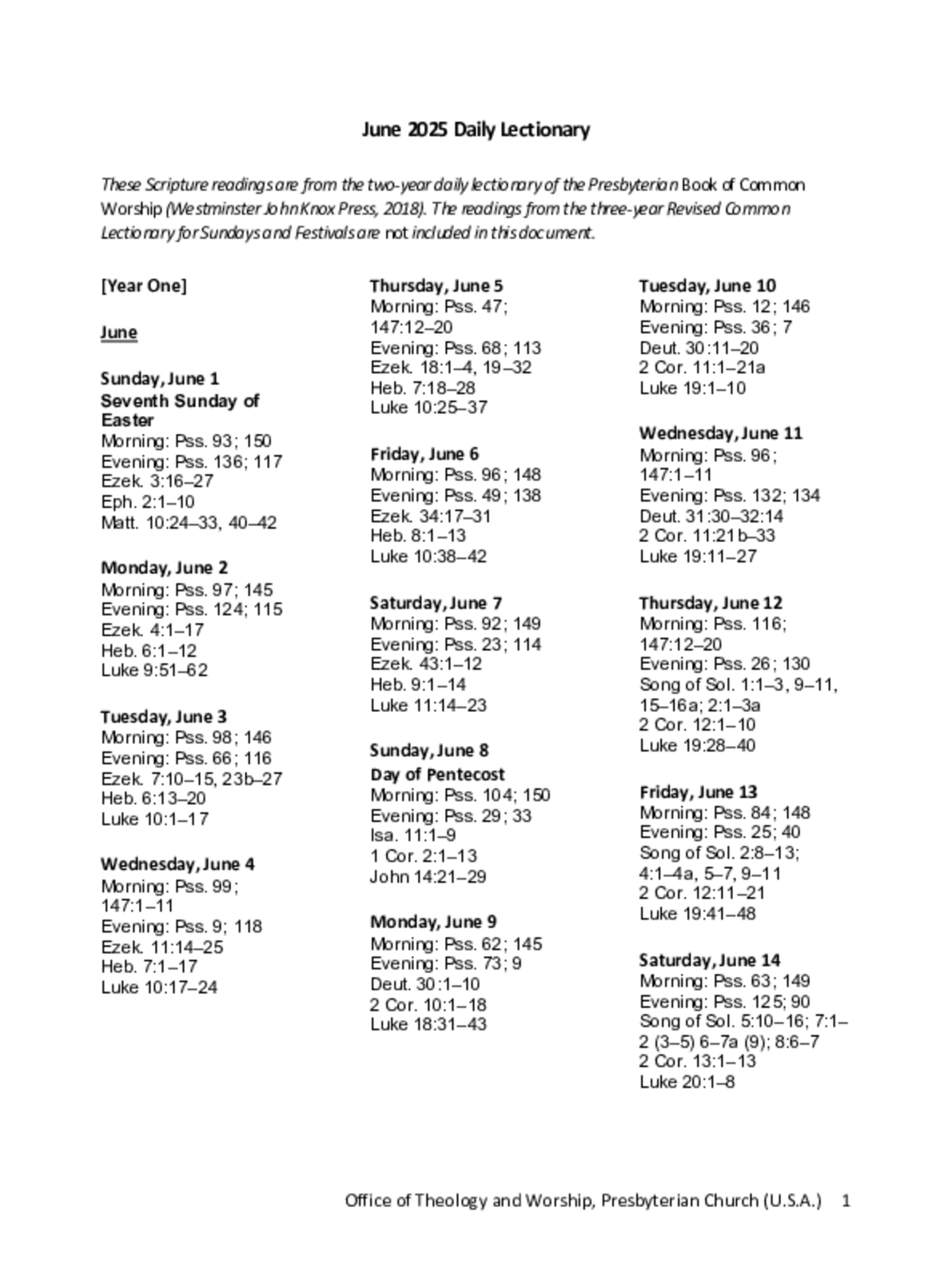 June 2025 Daily Lectionary | Presbyterian Church (U.S.A.)
