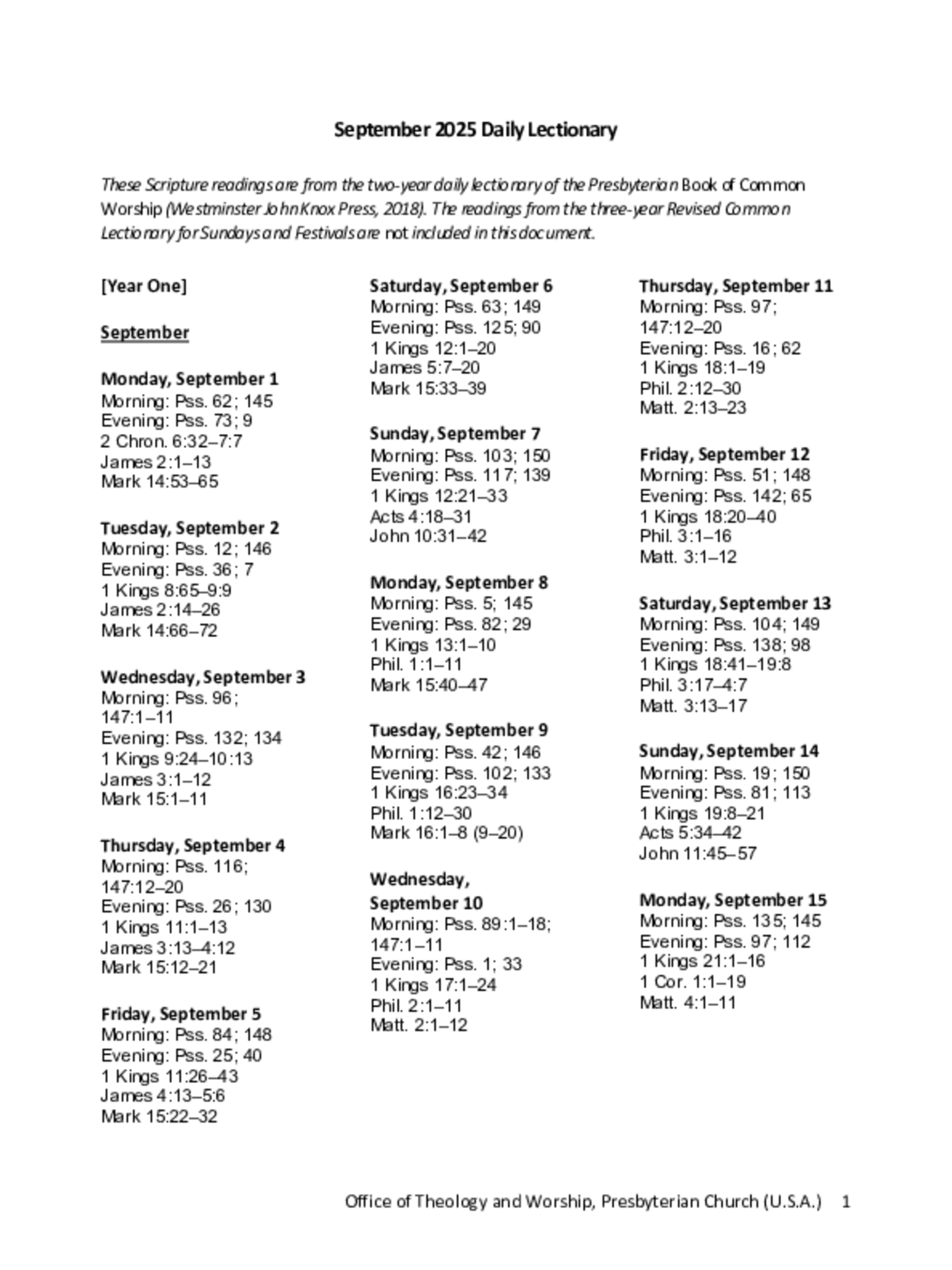 September 2025 Daily Lectionary | Presbyterian Church (U.S.A.)