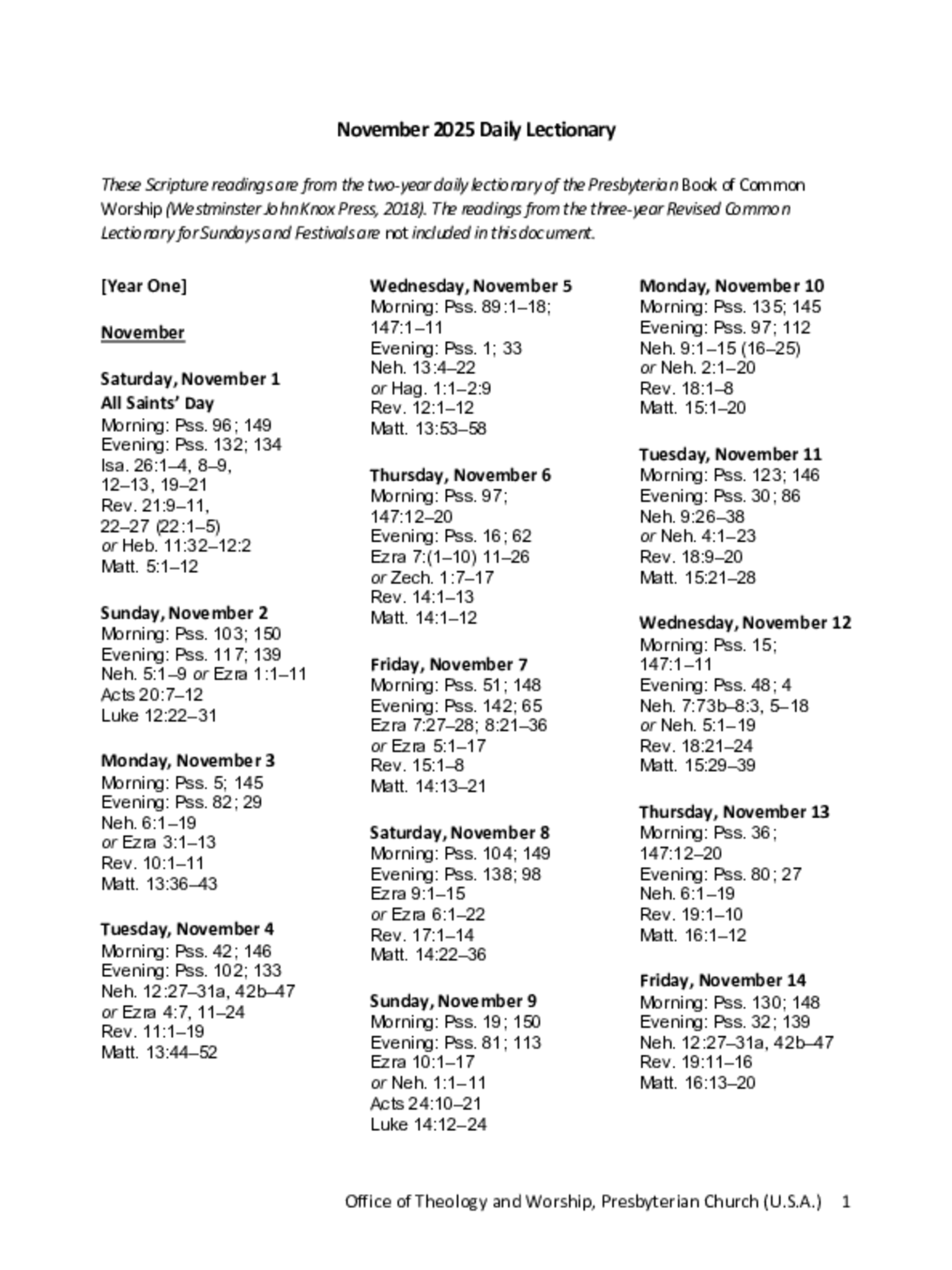 November 2025 Daily Lectionary | Presbyterian Church (U.S.A.)