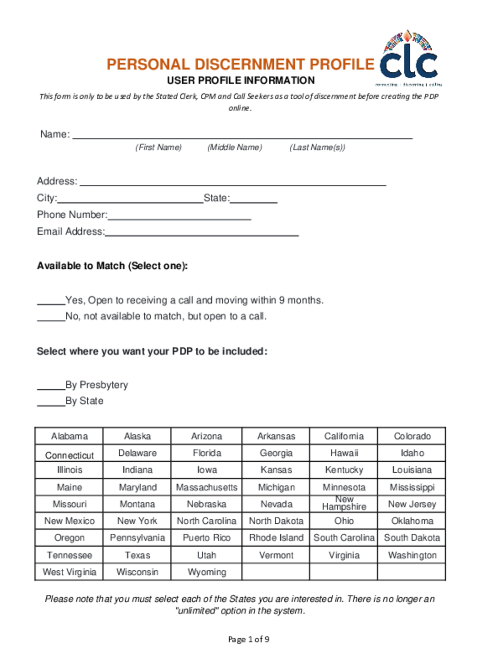 CLC - Personal Discernment Form | Presbyterian Church (U.S.A.)