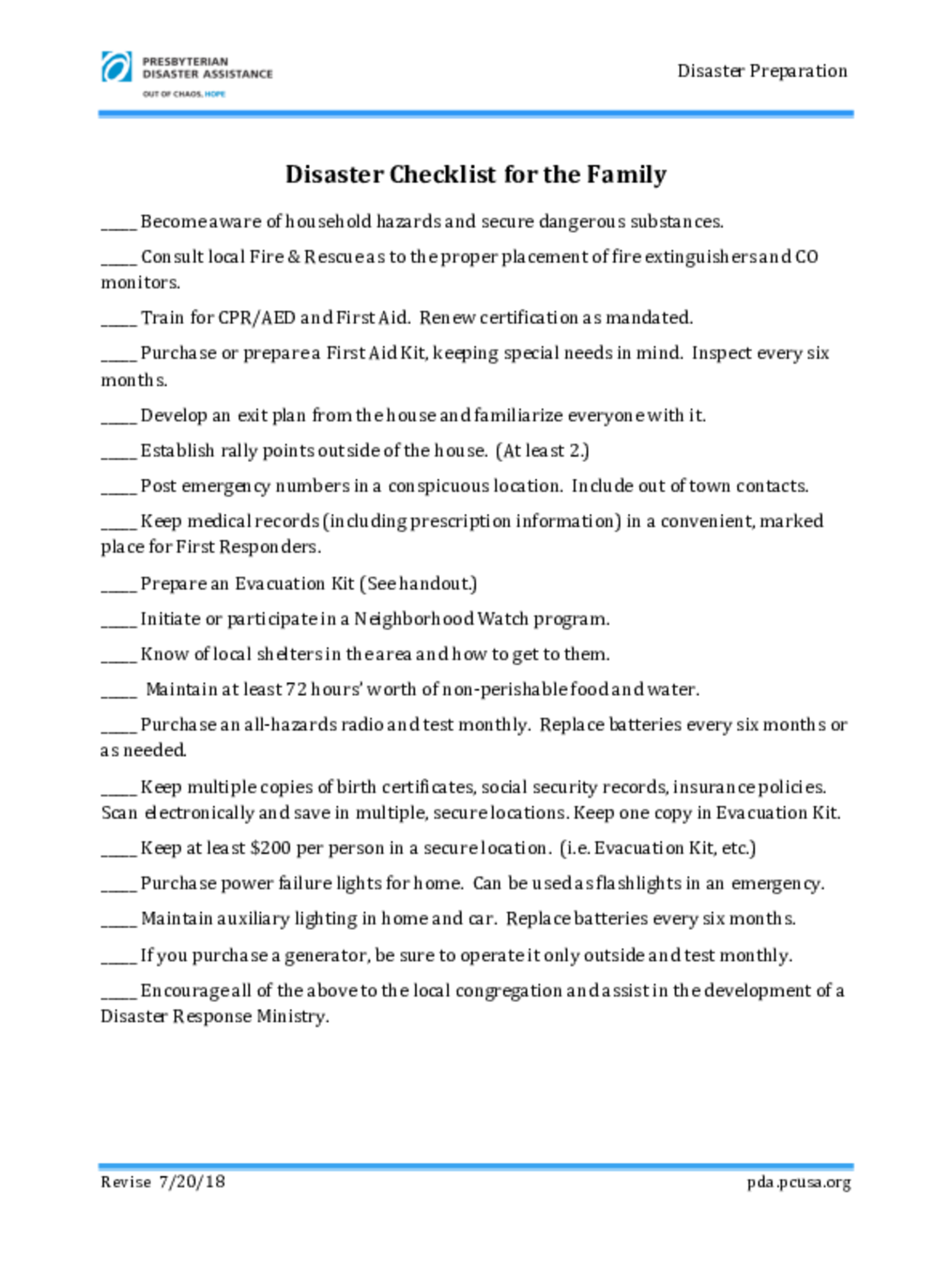 Disaster Preparedness Checklist for Families | Presbyterian Church (U.S.A.)