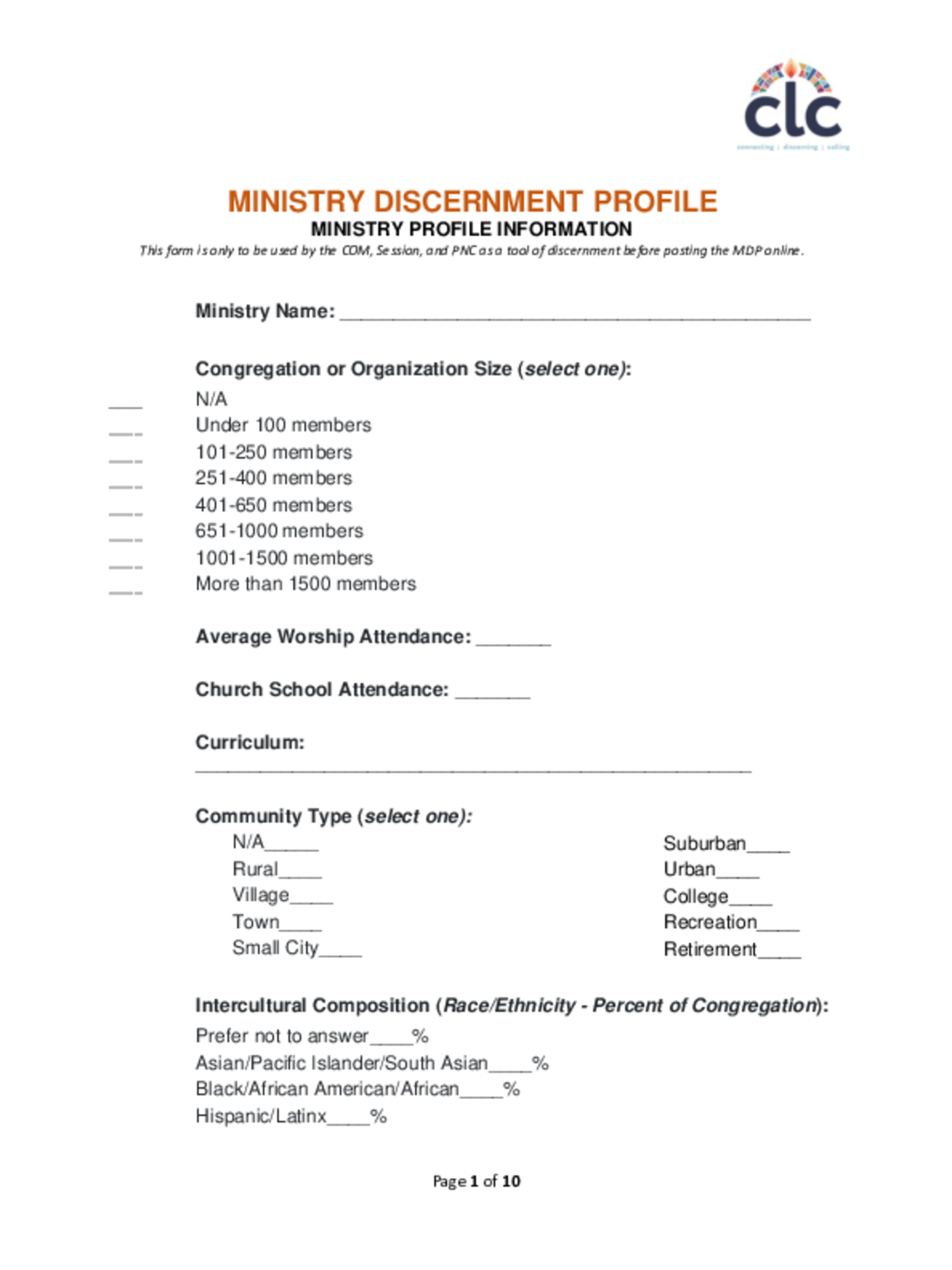CLC - Ministry Profile Information Form | Presbyterian Church (U.S.A.)