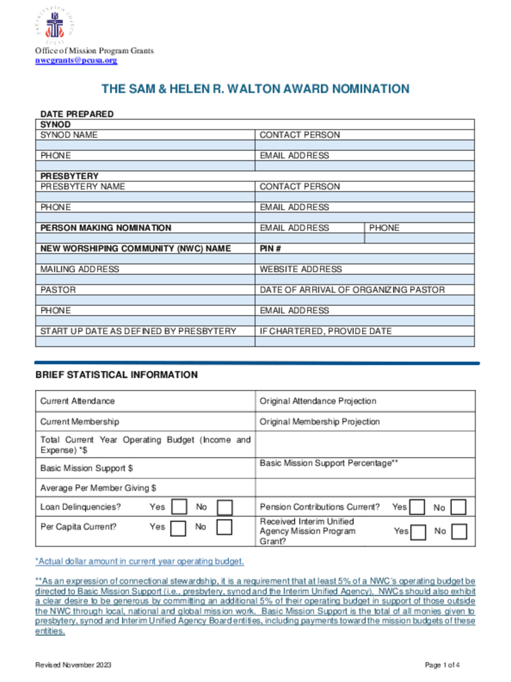 The Sam and Helen R. Walton Award Nomination Form | Presbyterian Church ...