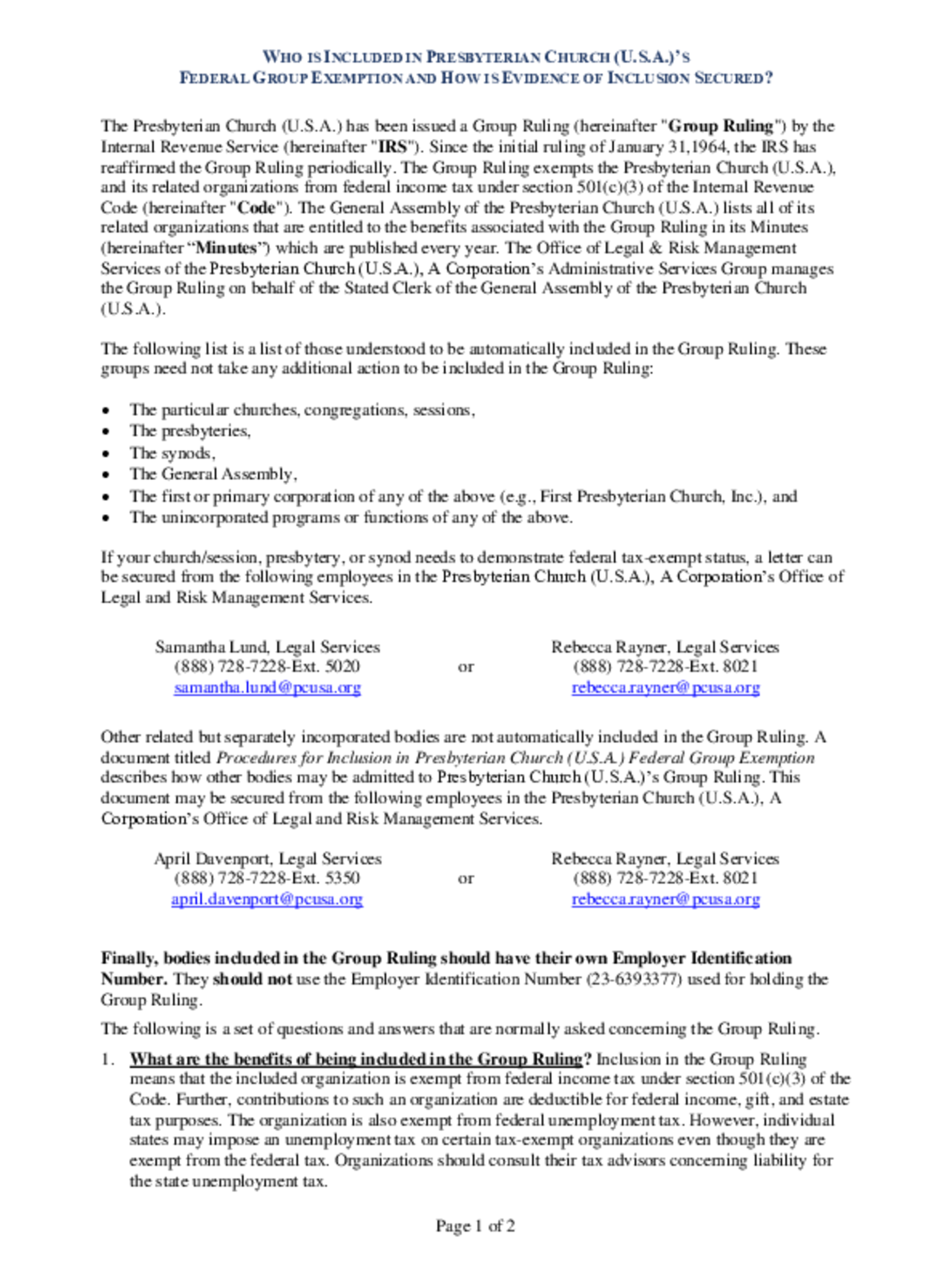 Federal Group Exemption Ruling - Who is Included? | Presbyterian Church ...