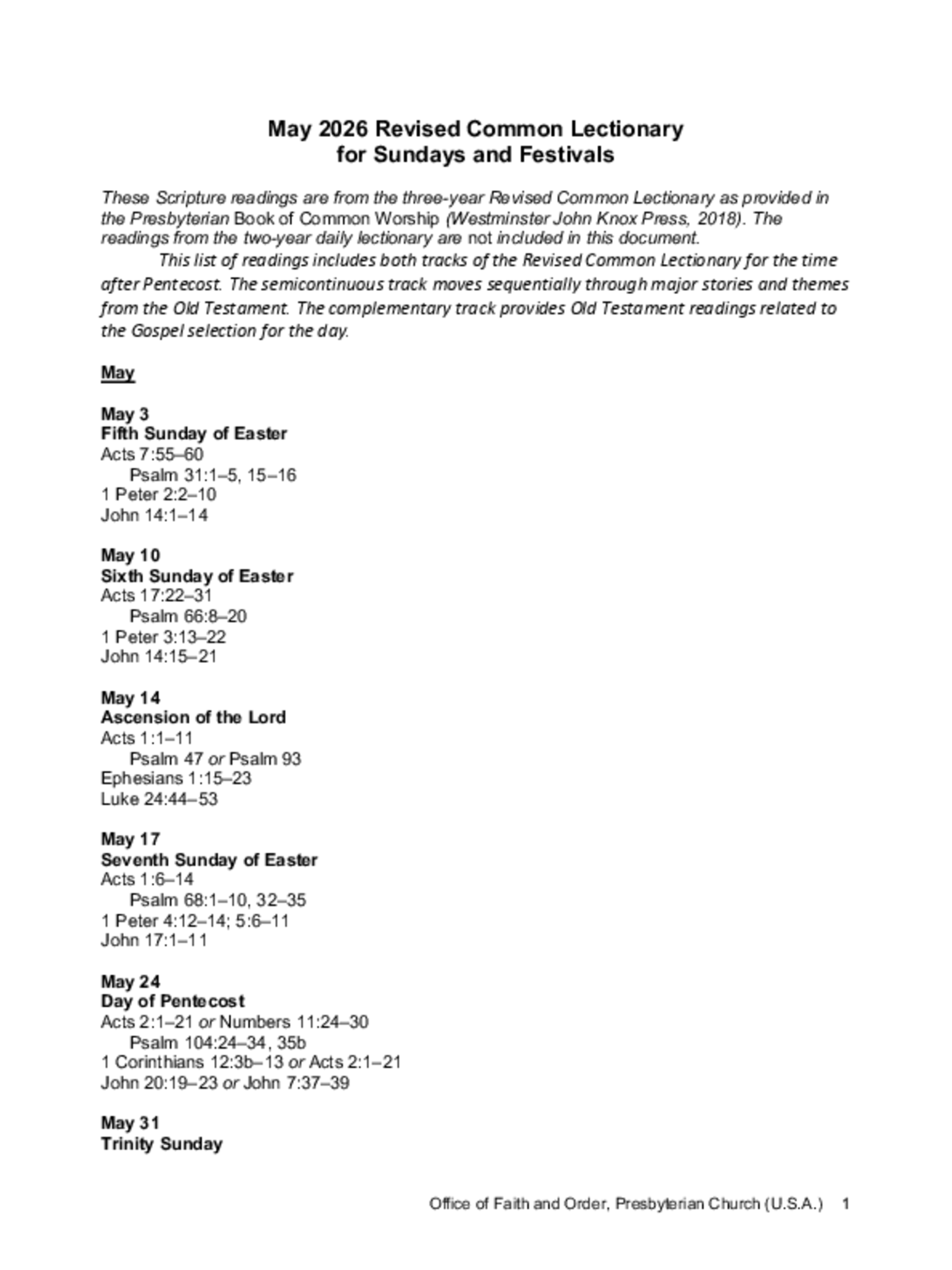 May 2026 Revised Common Lectionary for Sundays and Festivals ...