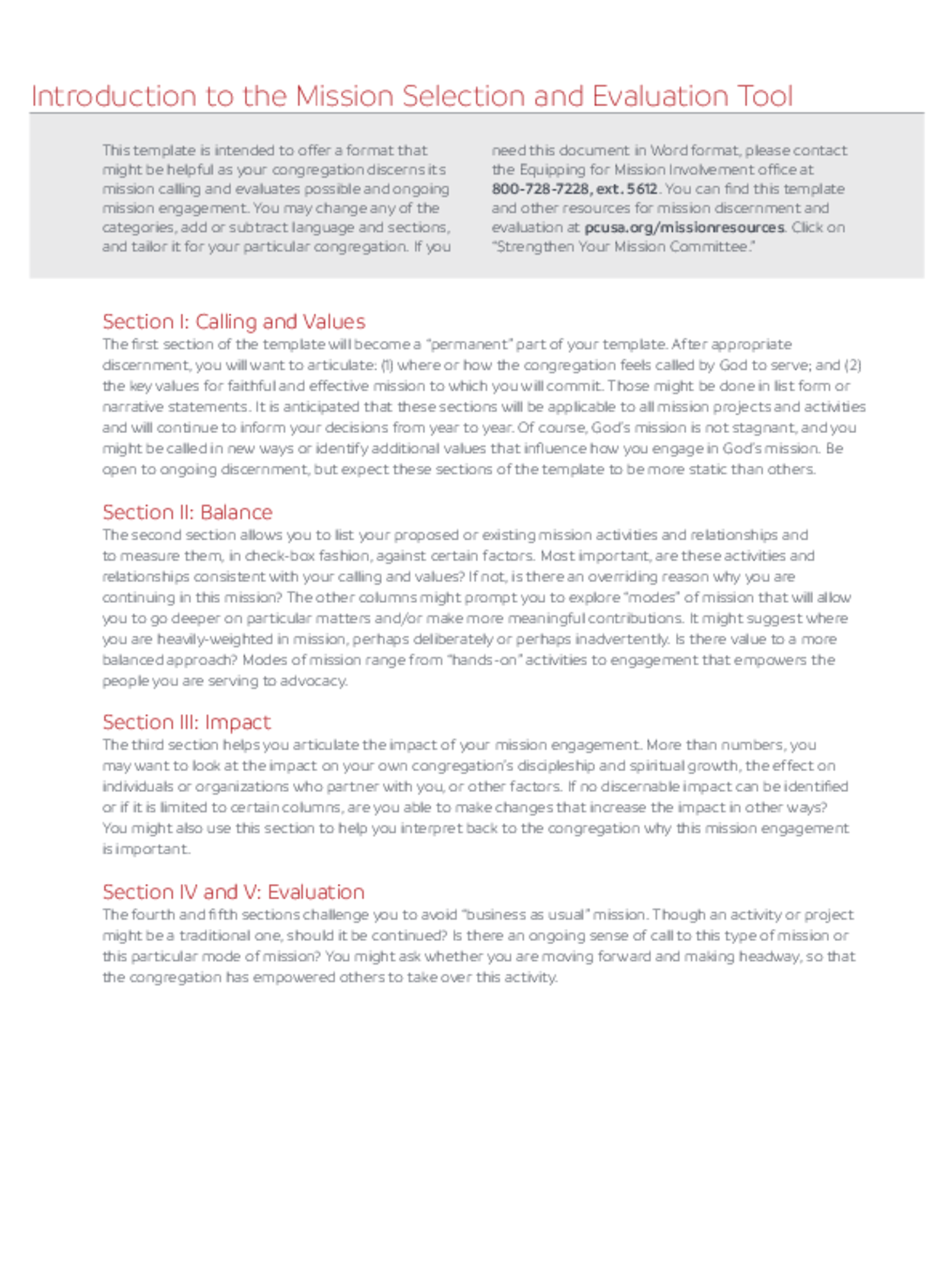 Mission Selection and Evaluation Tool | Presbyterian Church (U.S.A.)