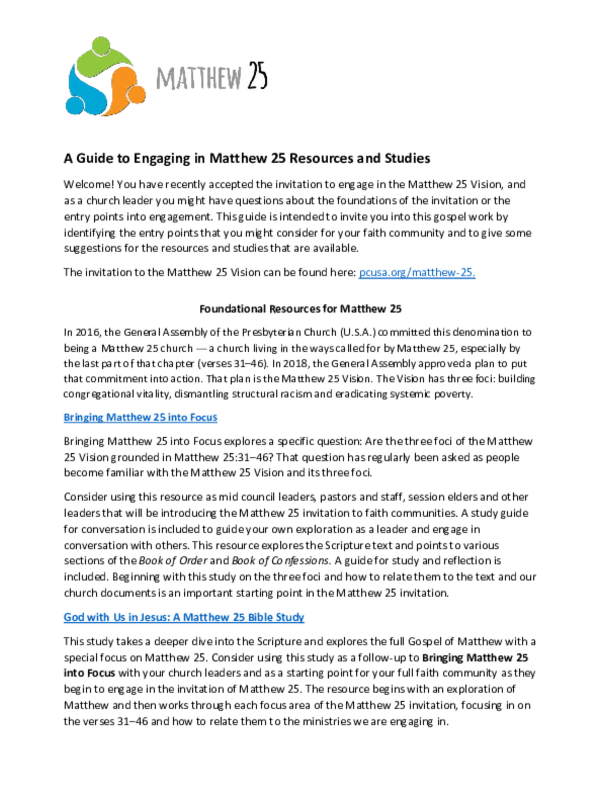 A Guide to Engaging in Matthew 25 Resources and Studies | Presbyterian ...