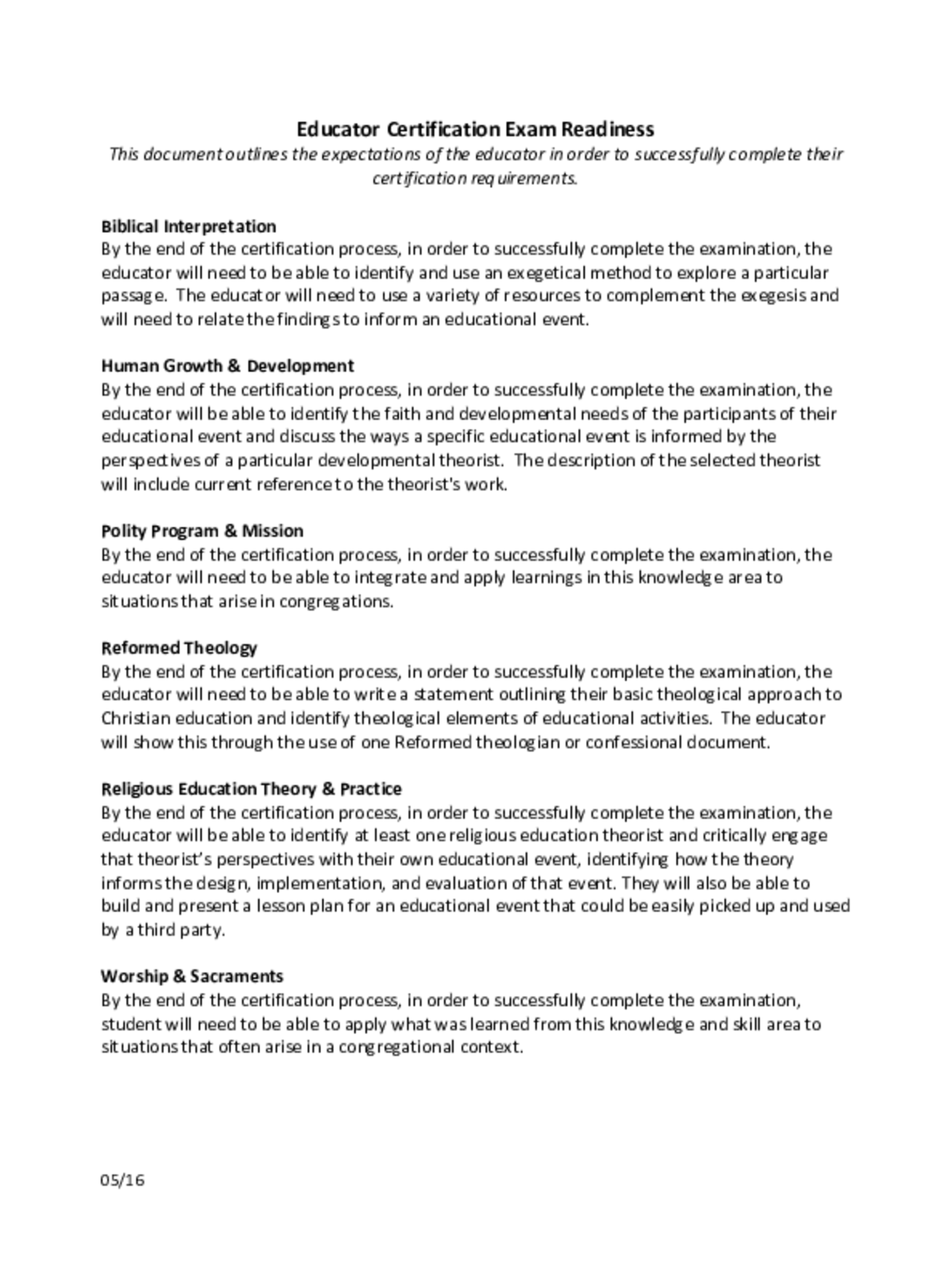 Educator Certification Exam Readiness Summary | Presbyterian Church (U.S.A.)